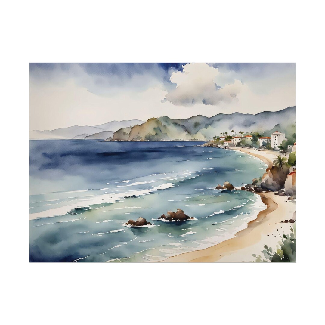 Puerto Vallarta Beach Watercolor Art Print #NC3 Jalisco Mexico Coastal ...