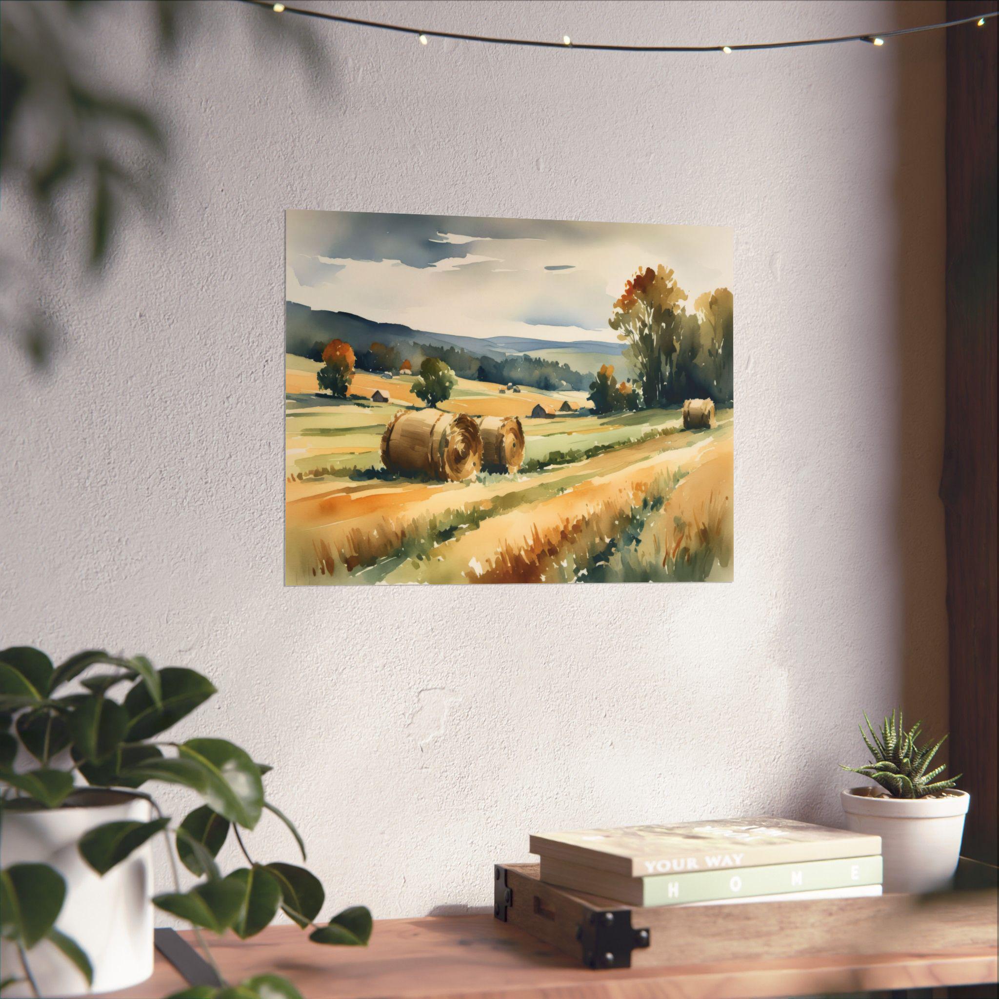 Haystack Painting Rustic Watercolor Landscape Autumn Countryside Wall ...