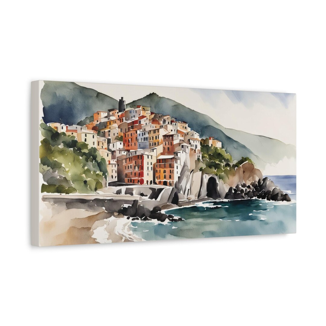 Italy Watercolor Painting Cinque Terre Canvas Artwork Narrow Italian ...