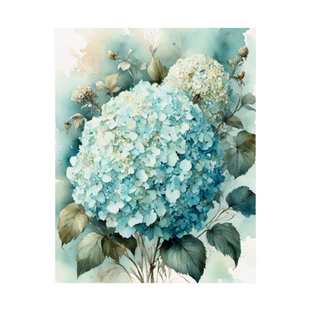 Pale Blue Hydrangea Watercolor Painting Floral Wall Art Flowers Artwork ...