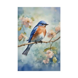 Eastern Bluebird Watercolor Print, Floral Spring Art, Vertical Posters ...