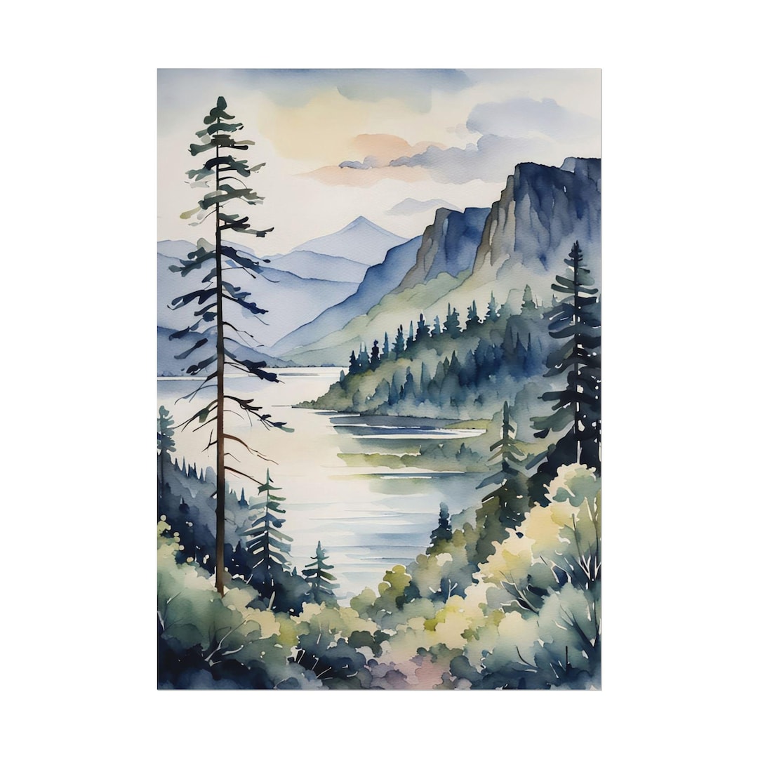 Columbia Gorge Watercolor Art Print Blue Mountain River Art Painting ...