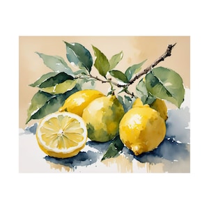 Lemon Tree Watercolor Painting Lemons on Branch Poster, Gouache Citrus ...