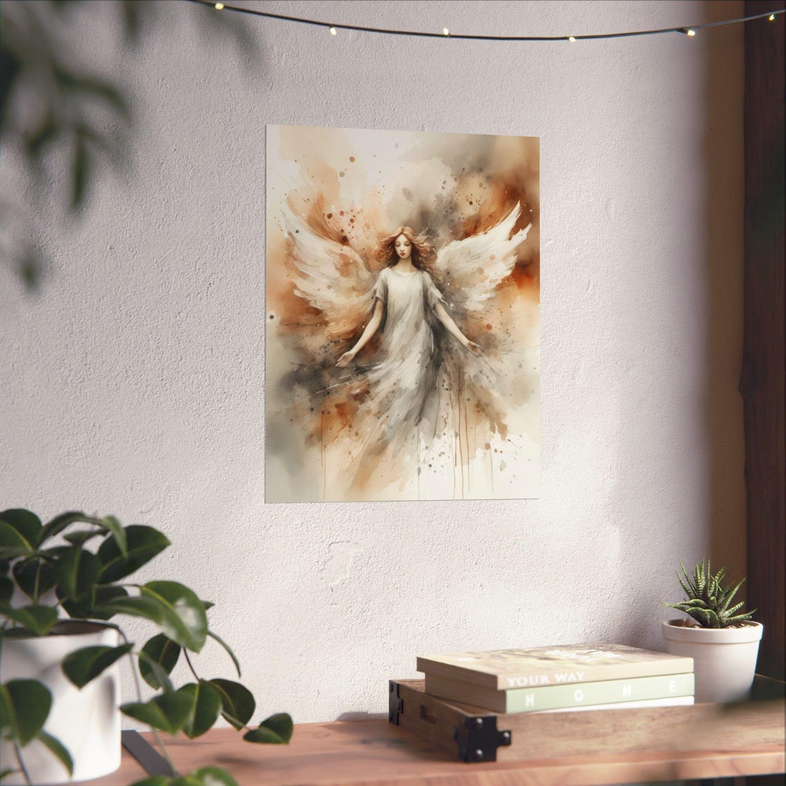 Angel Poster, Guardian Angel Watercolor Print, Sepia Religious Wall Art ...