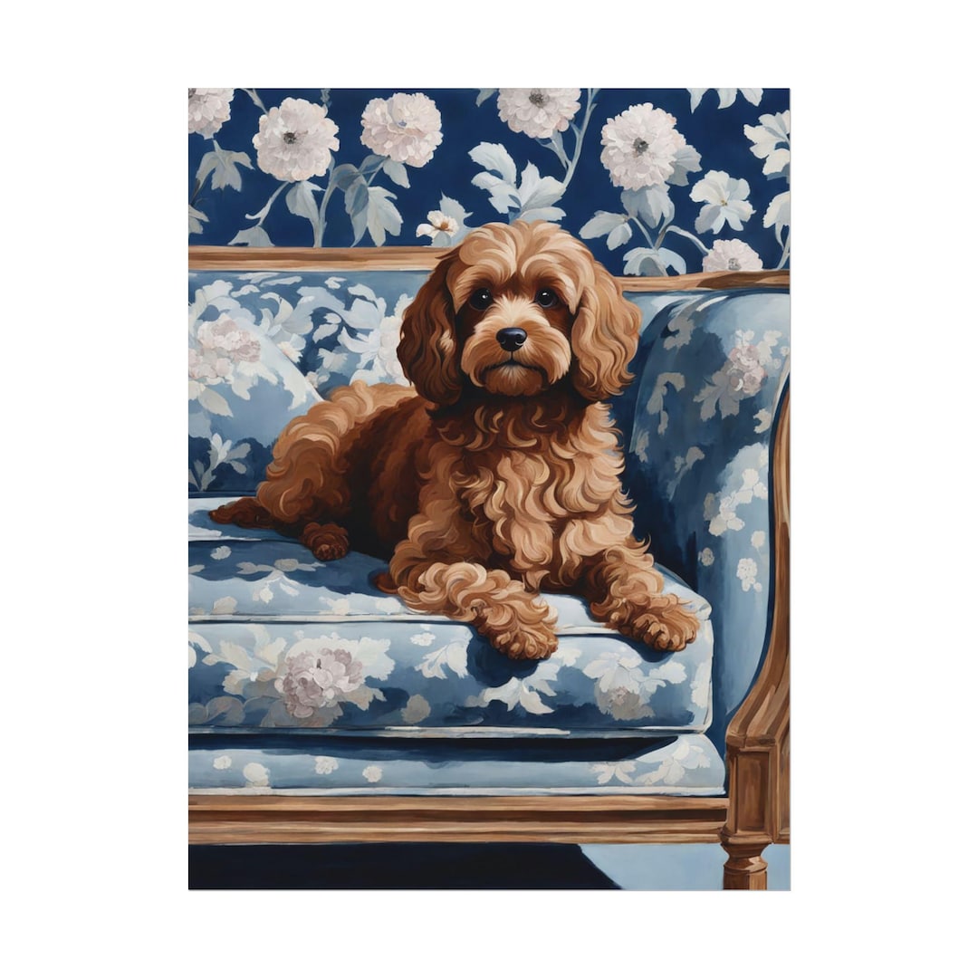 Cute Brown Cavapoo Art Print, Blue Floral Chinoiserie Wall Art, Dog ...