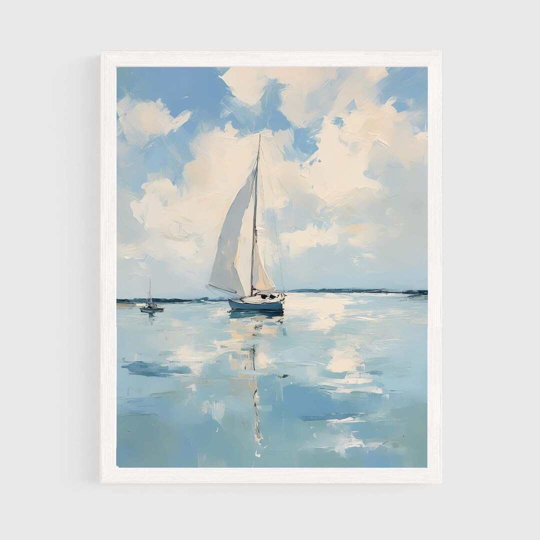 White Sailboat Painting Blue Sky Clouds Coastal Summer Boat Wall Art ...