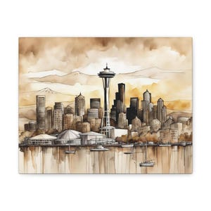 Watercolor Seattle Skyline Canvas Prints Gallery Wraps Sepia Washington ...