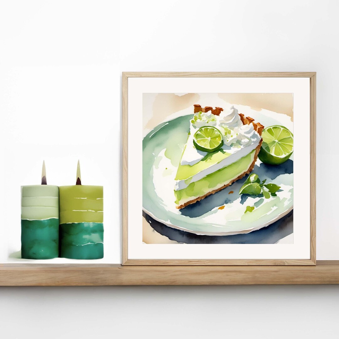Key Lime Pie Watercolor Painting, Square Kitchen Bakery Dessert Art ...