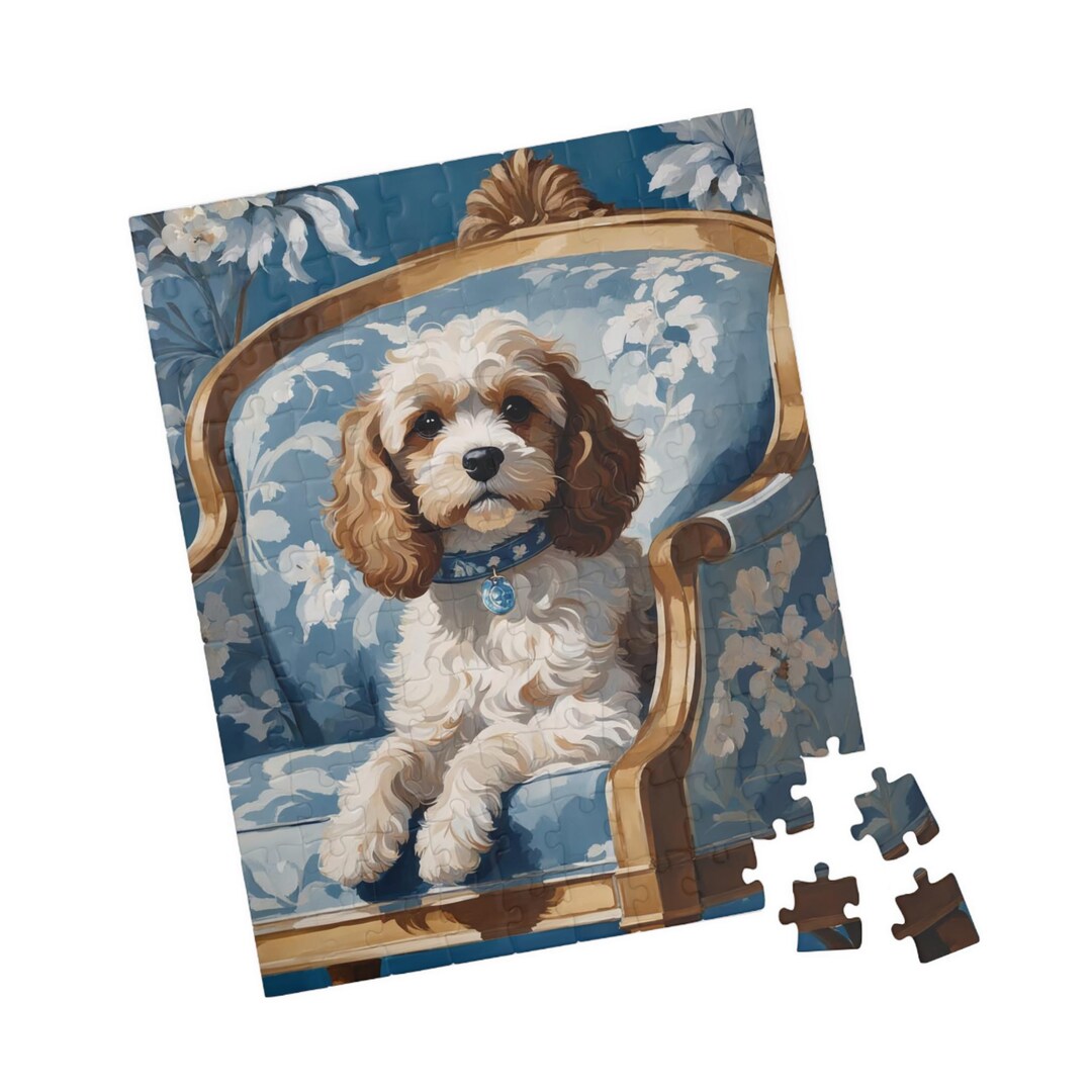 Jigsaw Puzzle Cavapoo Watercolor, Chinoiserie Blue Sofa Dog Lover Gift ...