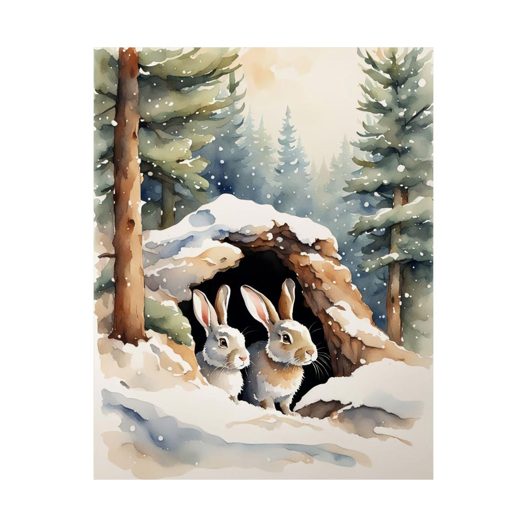 Winter Rabbits Watercolor Art Print, Matte Vertical Poster, Snow Scene ...