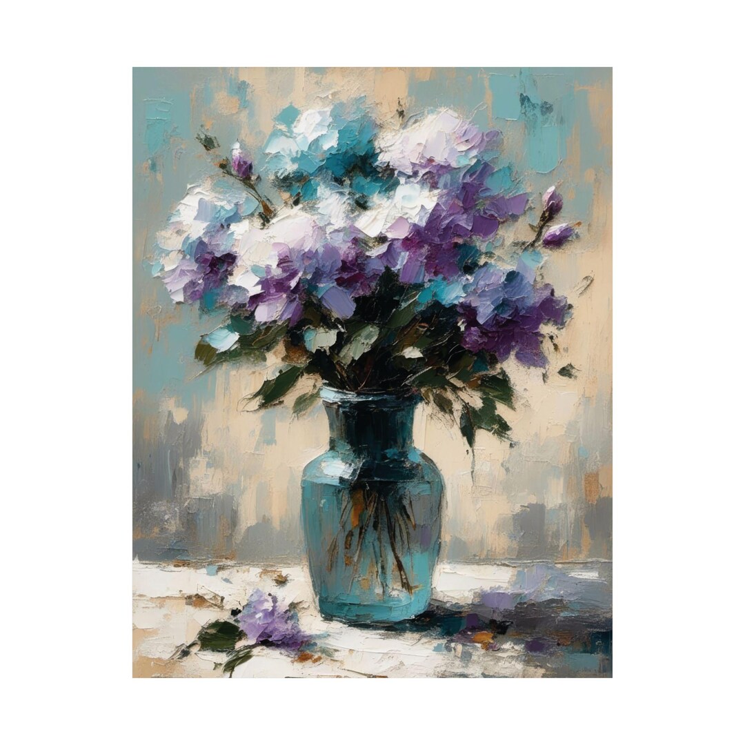 Blue Azaleas Oil Painting Print, Vertical Floral Wall Art Purple ...