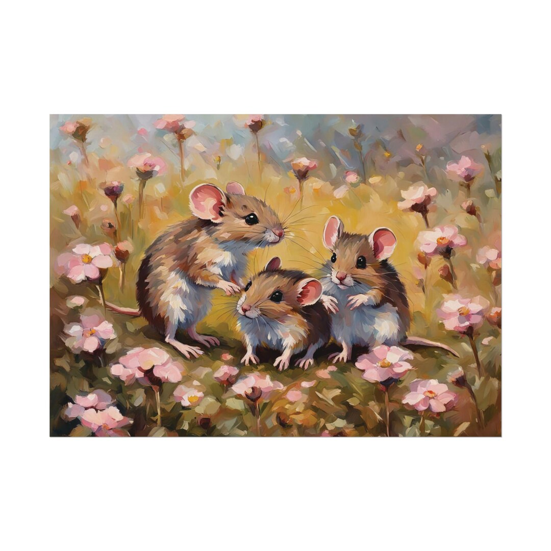 Cute Field Mice Wall Art, Oil Painting Print Pink Wildflowers, Nature ...