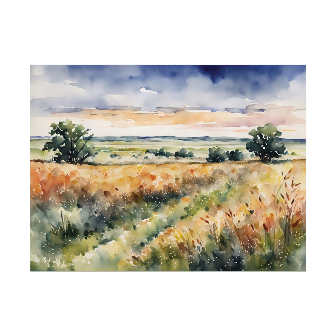 Tallgrass Prairie National Preserve Watercolor Print, Kansas Grasslands ...