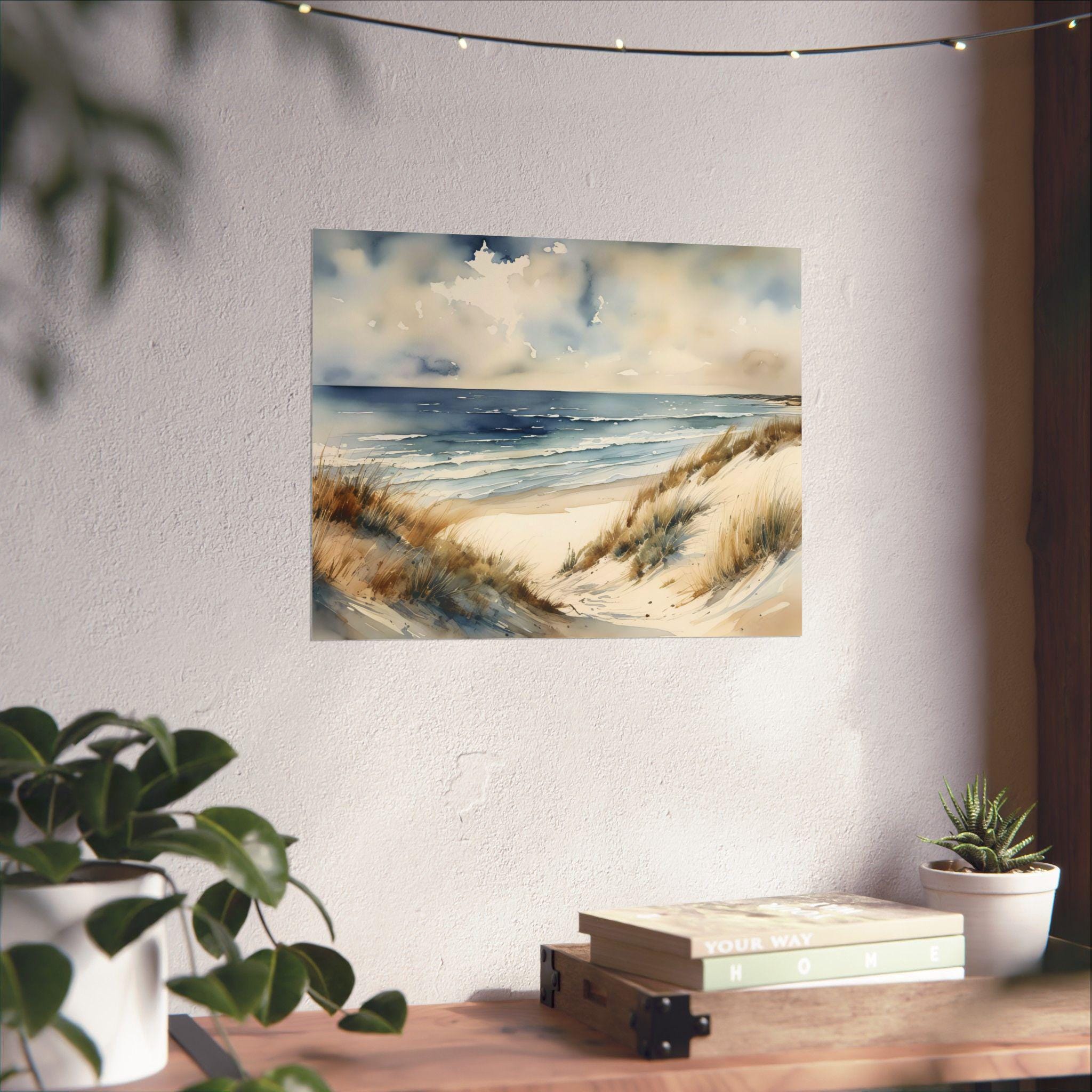Coastal Print, Sand Dunes Seascape Watercolor Painting Print, Vintage ...