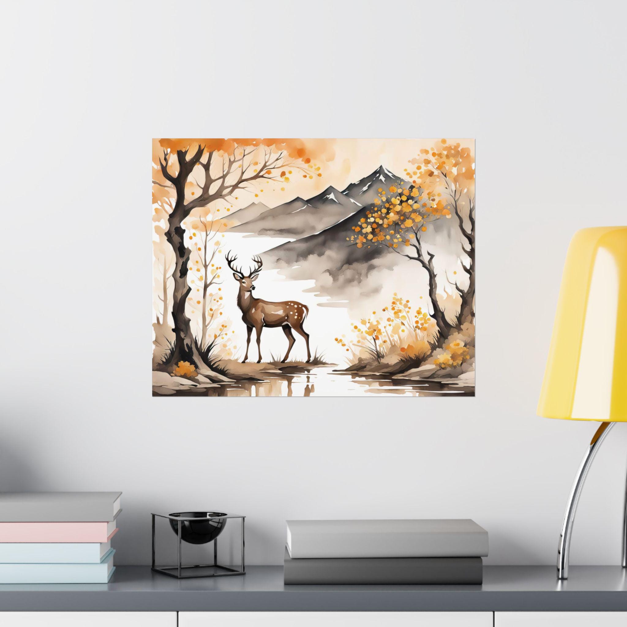 Deer Mountains Forest Stream Watercolor Print, Autumn Landscape Wall ...