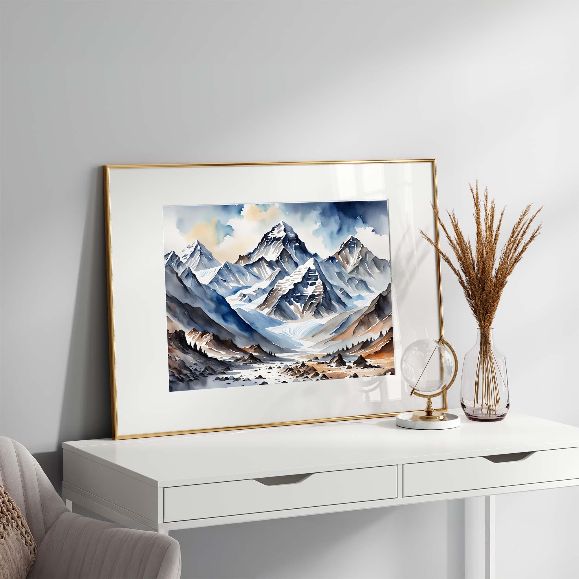 Mount Everest Art, Mountain Landscape Poster, Winter Watercolor Wall ...
