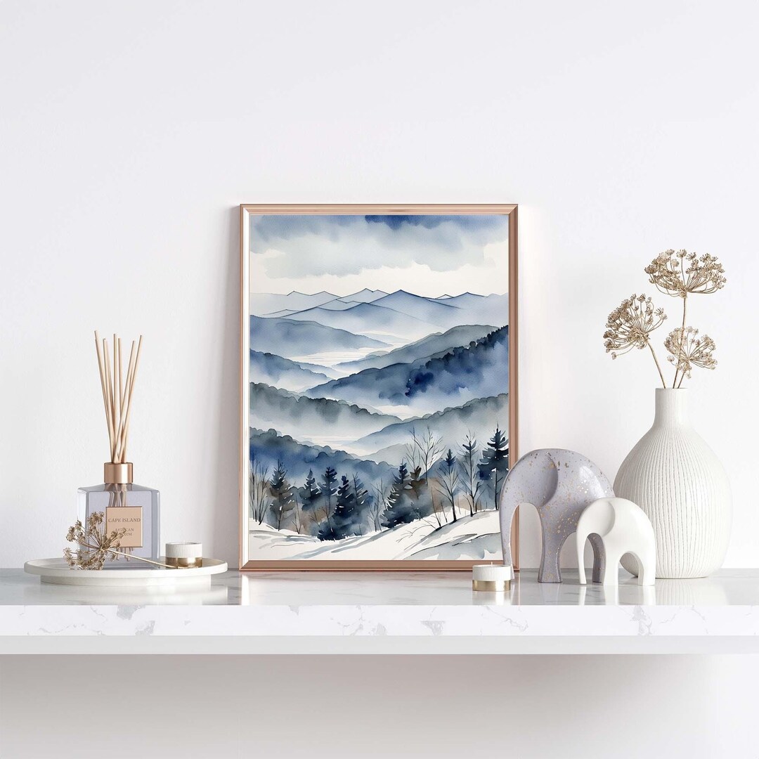 Blue Ridge Mountains Watercolor Art Print, Winter Landscape, Giclee ...