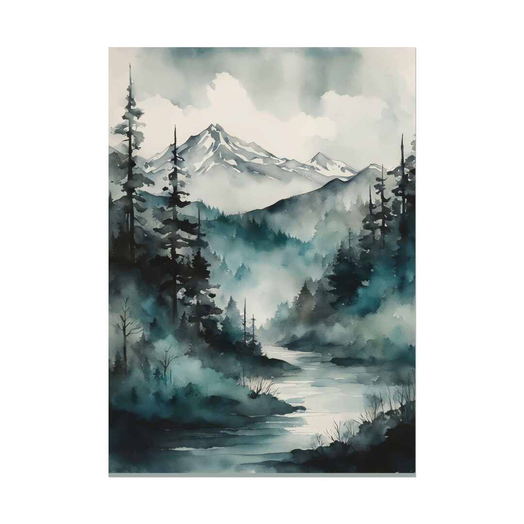 Appalachian Mountains Painting Print | Teal Pine Trees Forest Landscape ...
