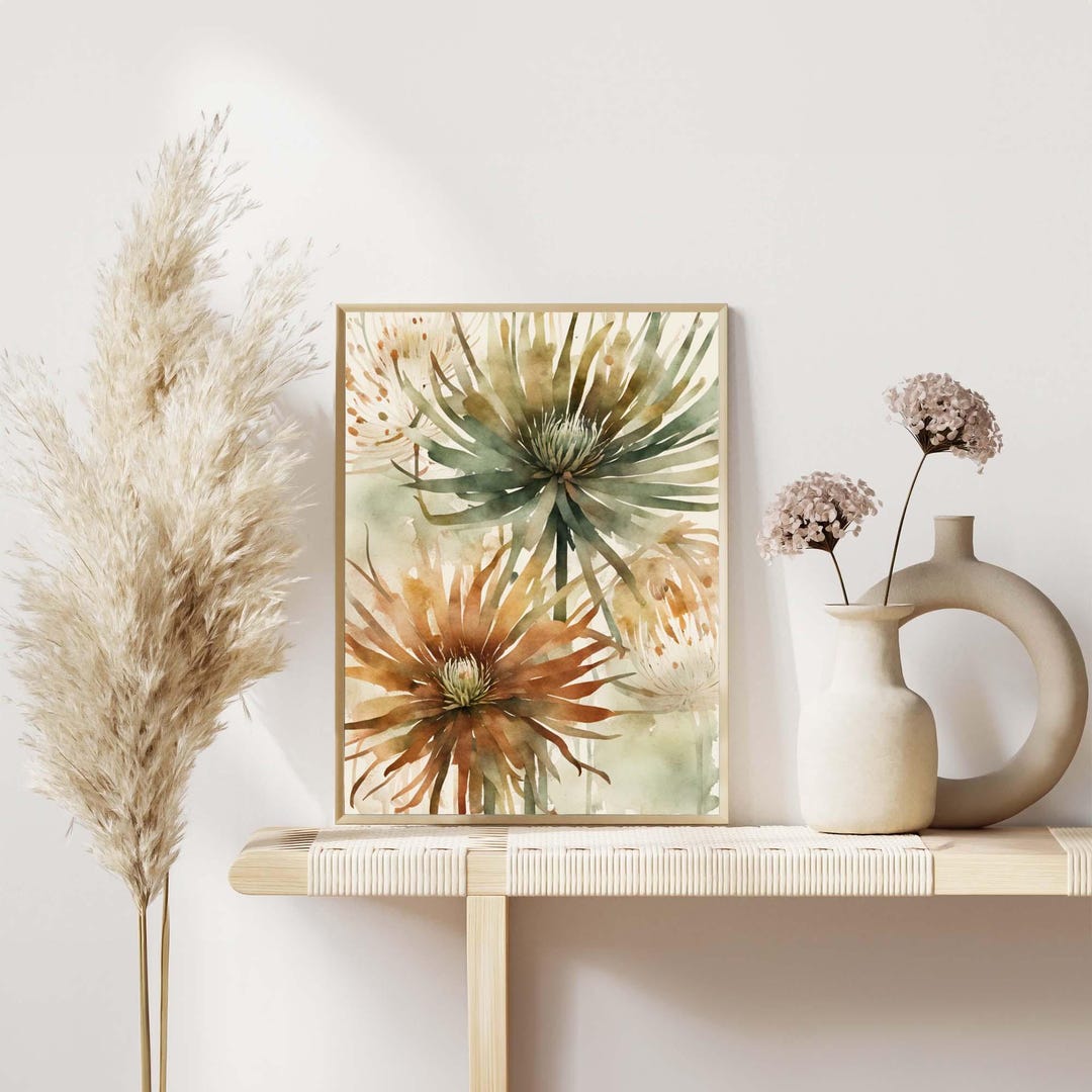 Rust and Sage Green Spider Mum Print, Watercolor Painting, Floral Wall ...
