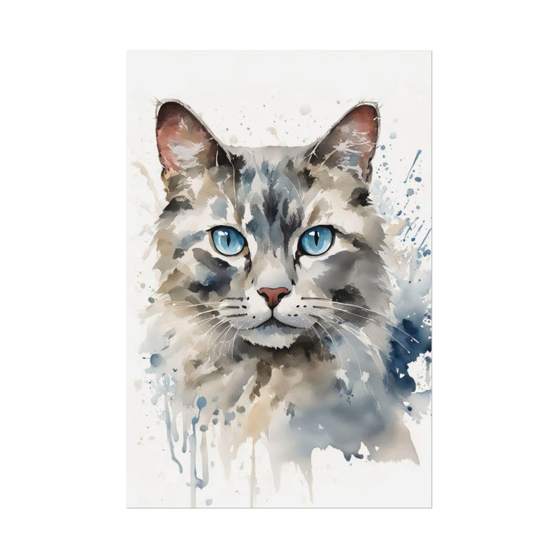 Gray Cat Print #NC28 Blue Eyes, Watercolor Painting, Pet Portrait ...