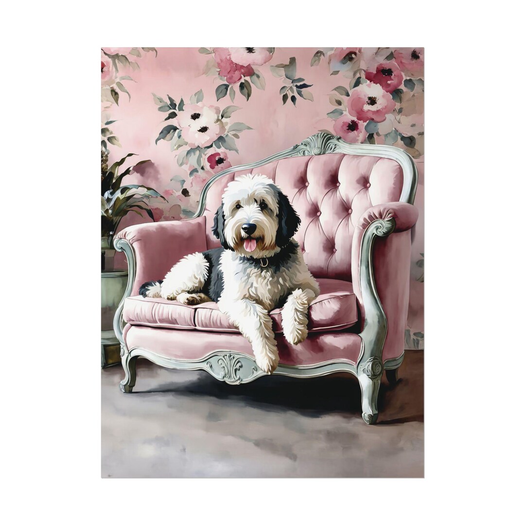 Sheepadoodle Art Print, Pink Floral Wall Art, Cute Dog Lover Poster ...