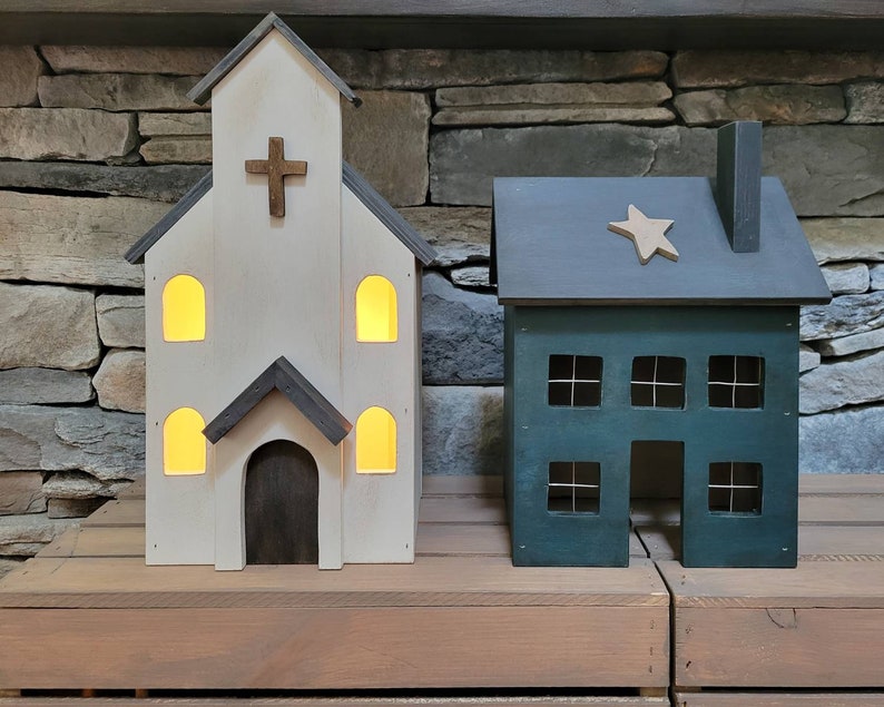 Primitive Wooden Lighted Church - Etsy