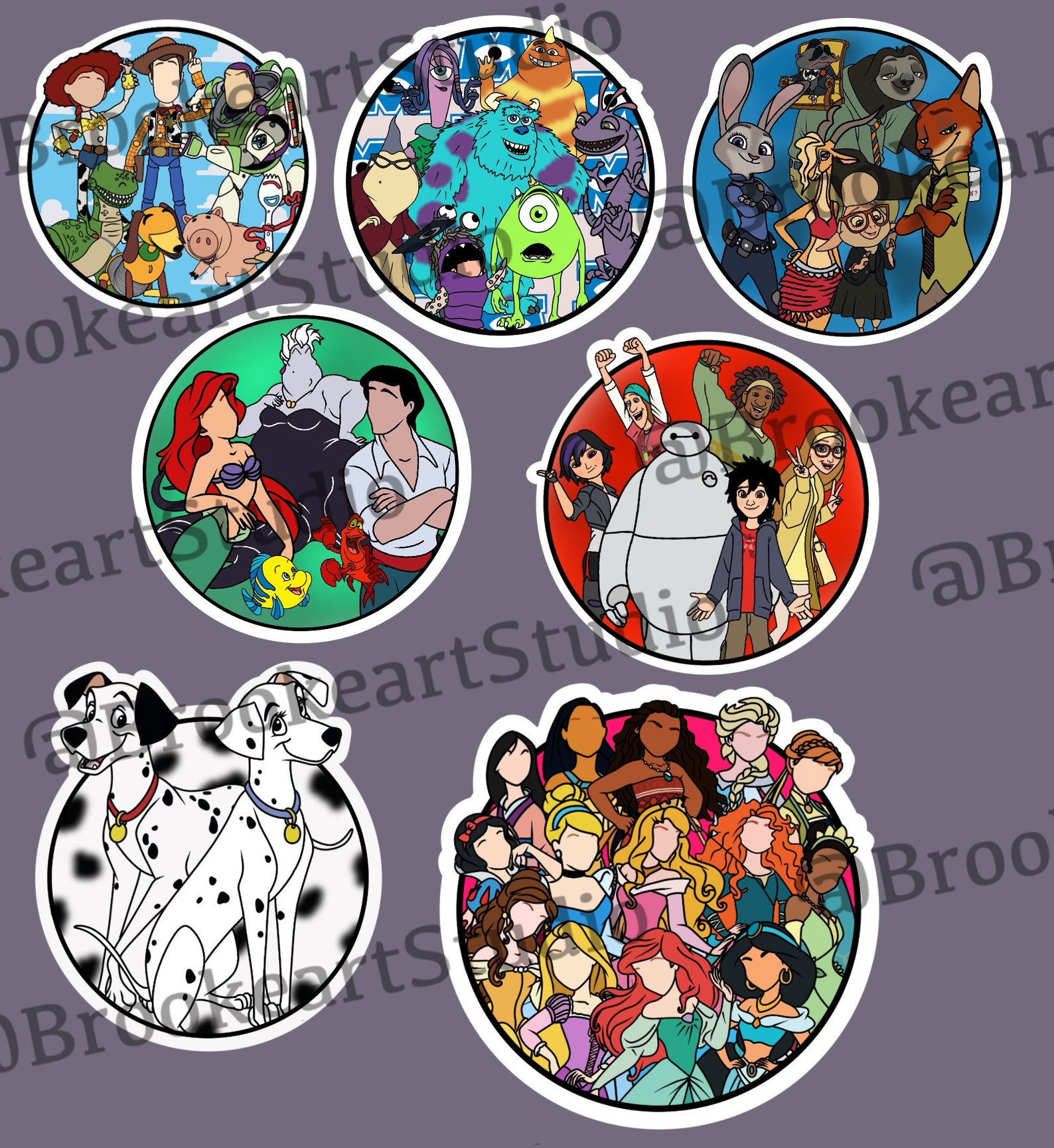Disney Film Characters in Circle Sticker Pack | Etsy