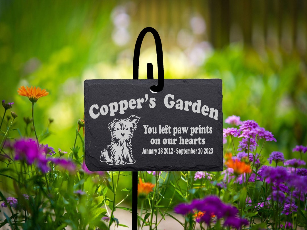 Yorkie. Grave Memorial Stone Sign W/ Shepherd's Hook. Stone Garden ...