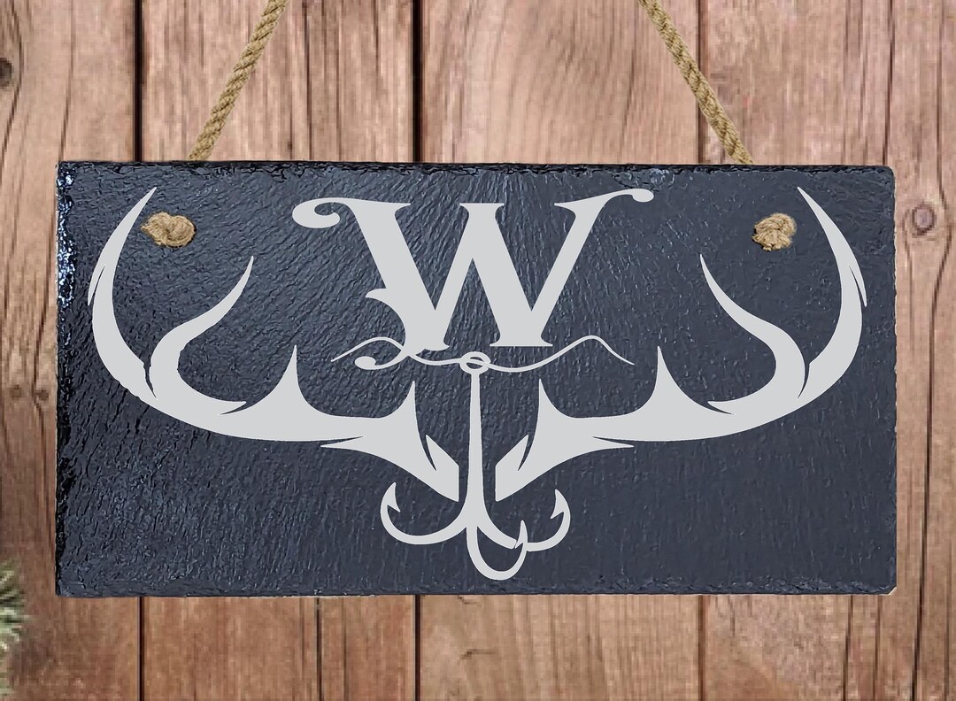 Antler/fish Hook Hanging Sign. Outdoorsman's Gift. Monogrammed Slate ...