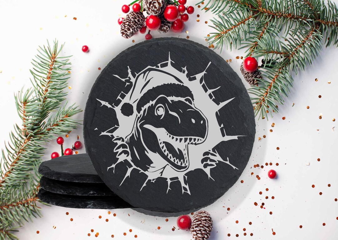 Dinosaur T-rex SLATE ROUND COASTER Set of 4 Christmas Decor Gift Ideas ...