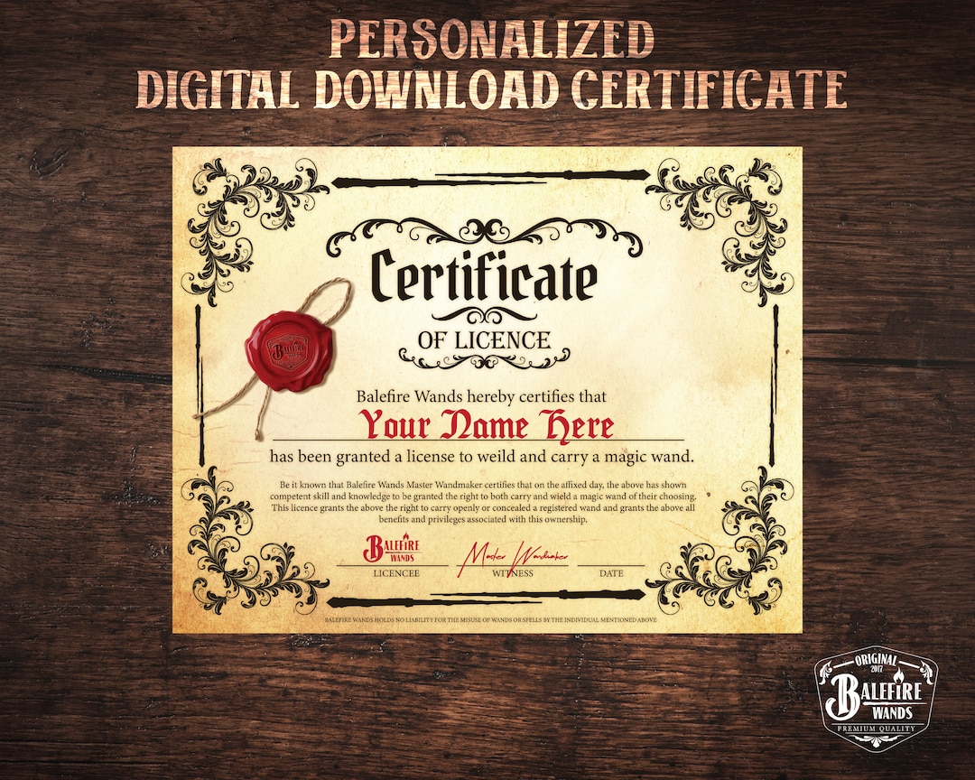 Personalized Wand Licence Certificate | Digital Download - Etsy