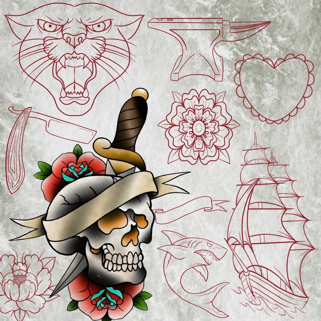 109 Traditional Tattoo Set 1 Outlines for Procreate - Etsy