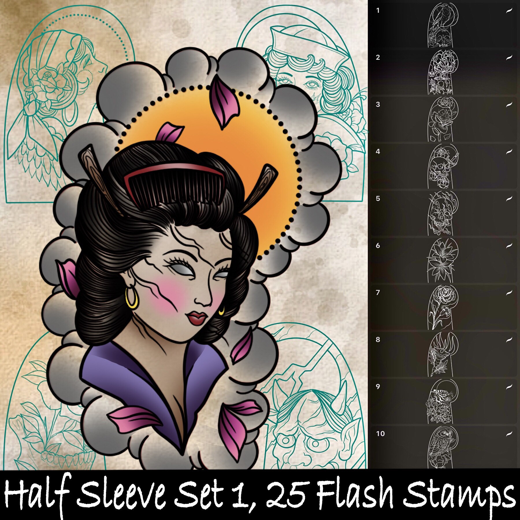 25 Premade Half Sleeve Procreate Tattoo Design Brush Images - Etsy