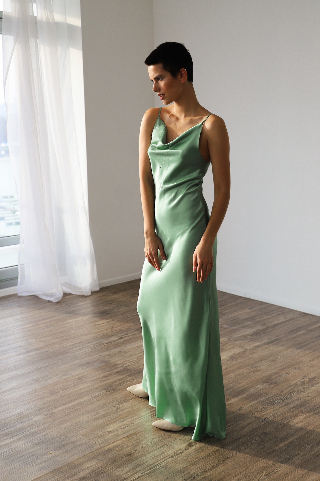Prom Dress Satin Maxi Long Slip Dress Bias Cut Bridesmaid Dress Sage ...