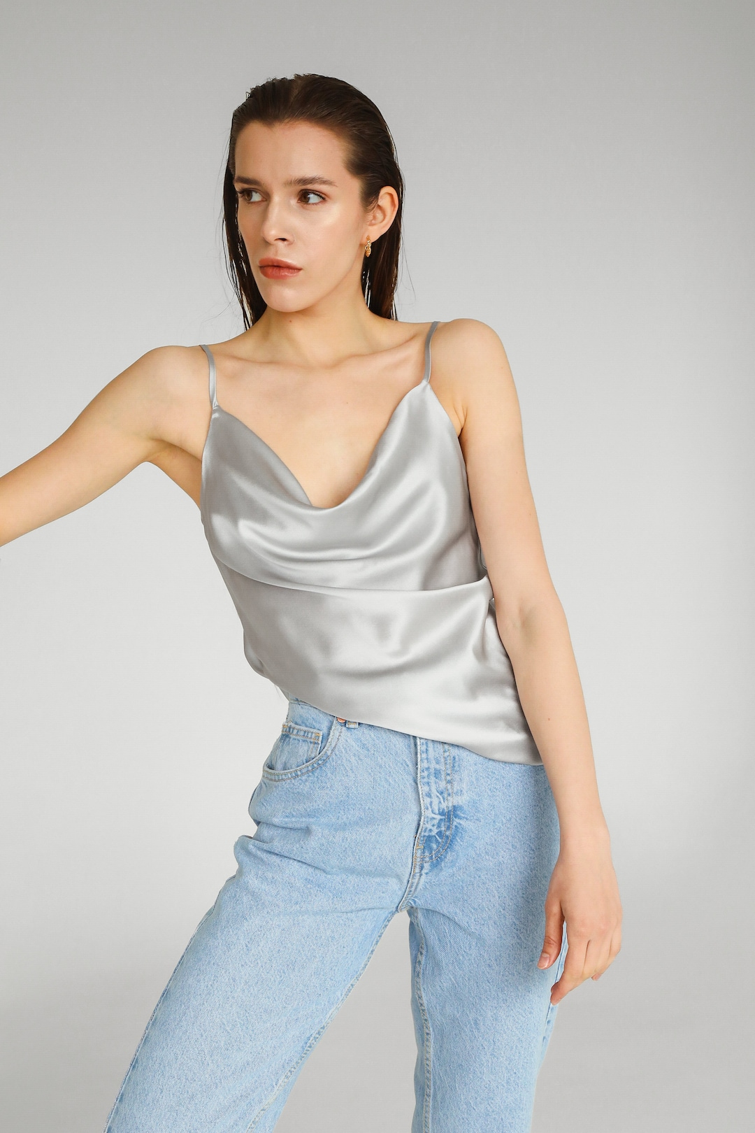 Basic Satin Cami Top Gray Silver, Silk Camisole Top, Silk Slip Top ...