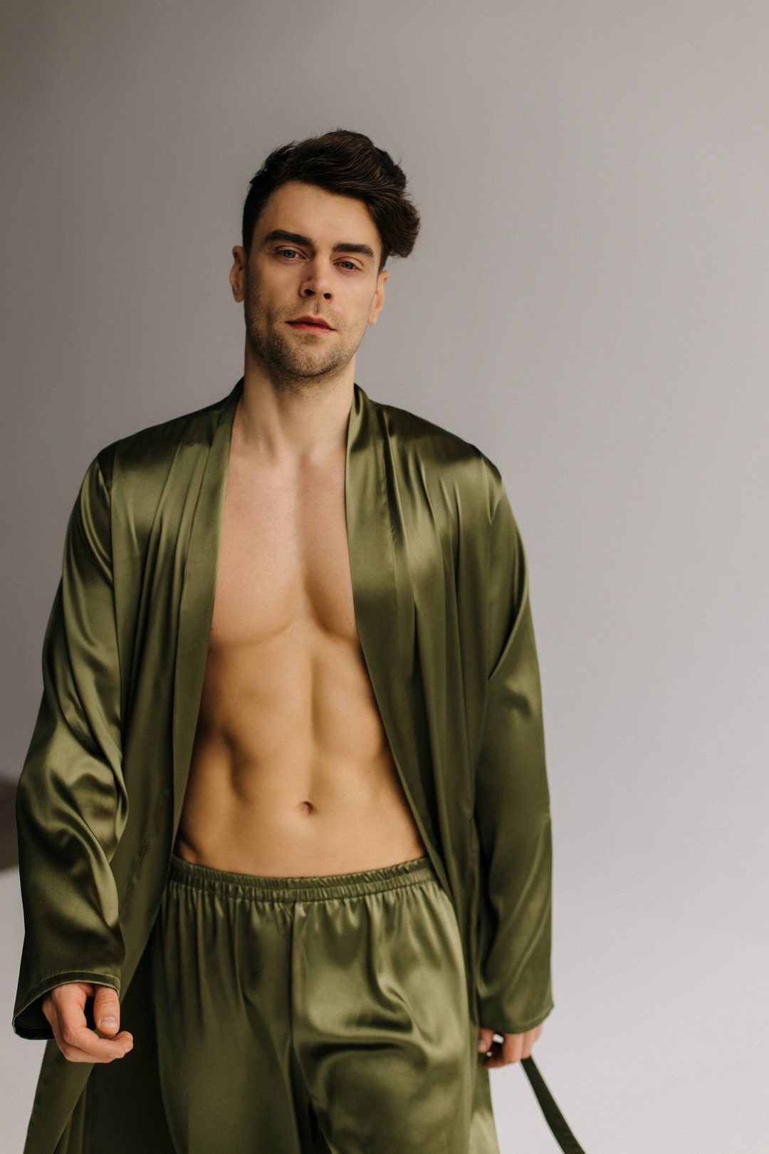 Men's Satin Robe Satin Set With Pants Khaki Green Stylish Silk Set Gift ...