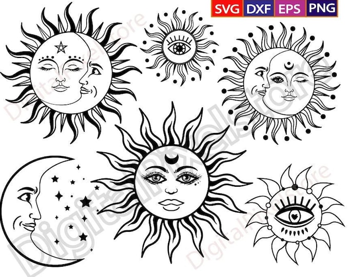 Sun and Moon Svg Filescelestial Sun and Moon Svgbohemian Sun - Etsy