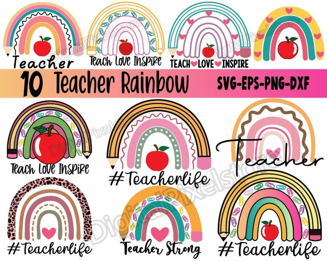 Teacher Rainbow Svg Bundle,teacher Rainbow Png,pencil Rainbow Svg Png ...