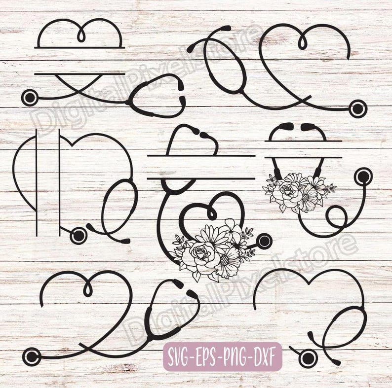 Stethoscope Split Monogram SVG Bundle: Floral Heart, Doctor Nurse Cut ...