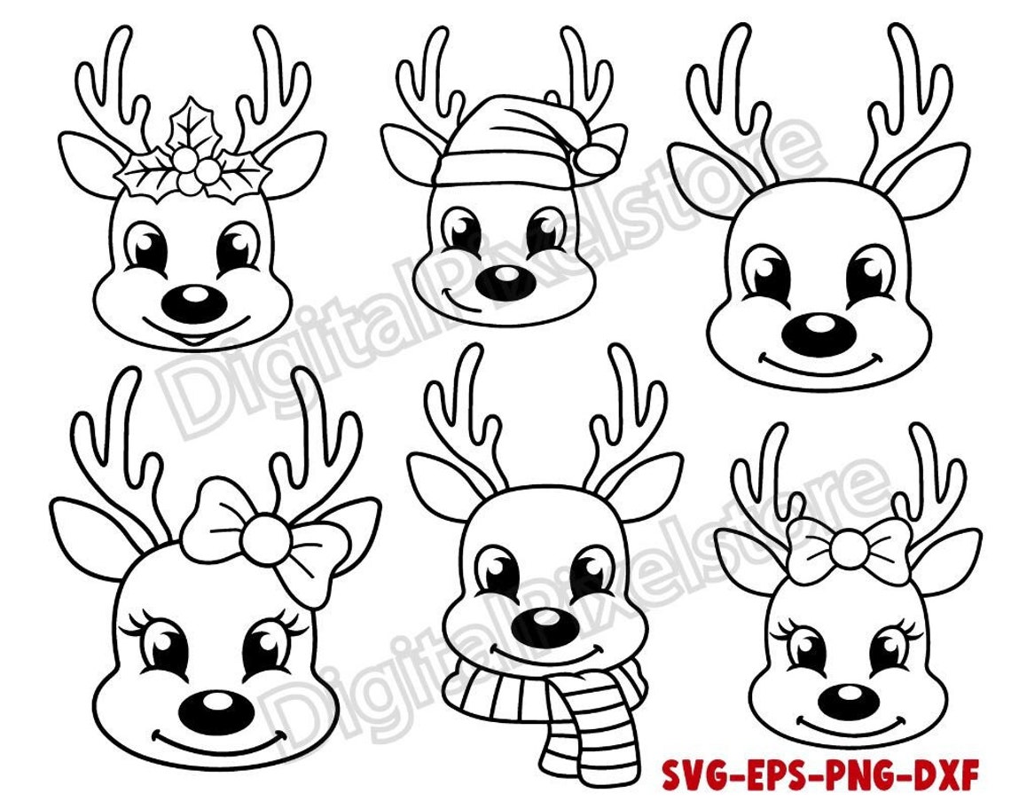 Cute Reindeer Outline Svgreindeer Face Svgchristmas Reindeer - Etsy
