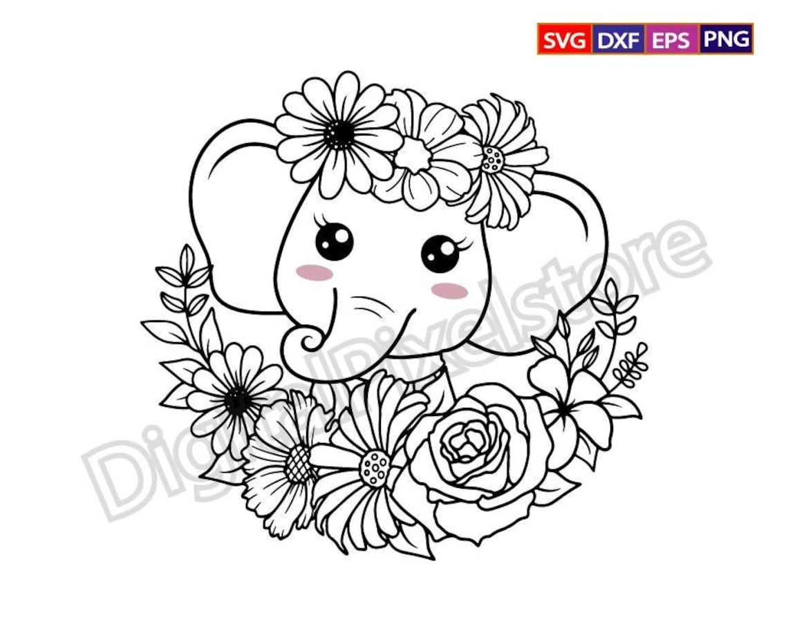 Baby Elephant With Flower Svgfloral Elephantcute Baby - Etsy