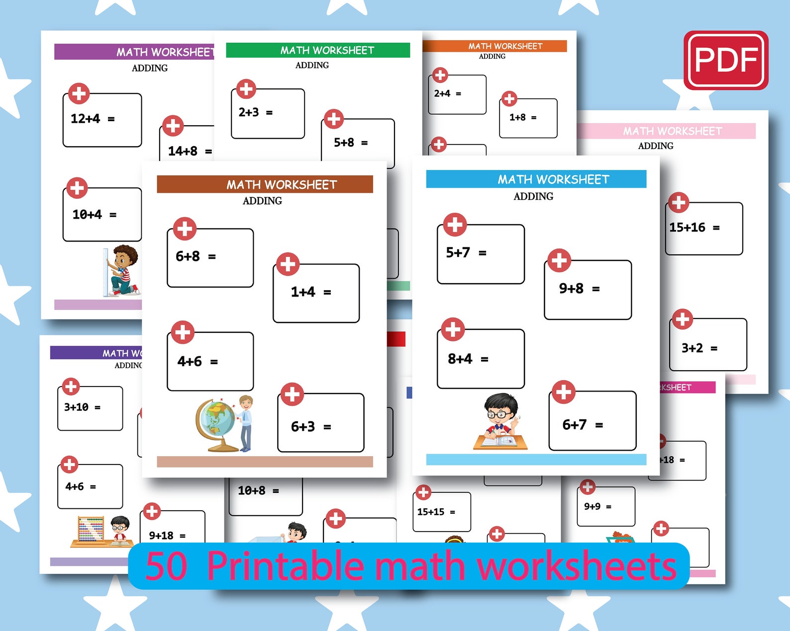 50 Math Bundle Printable Sheets,addition Worksheets,worksheets Adding ...