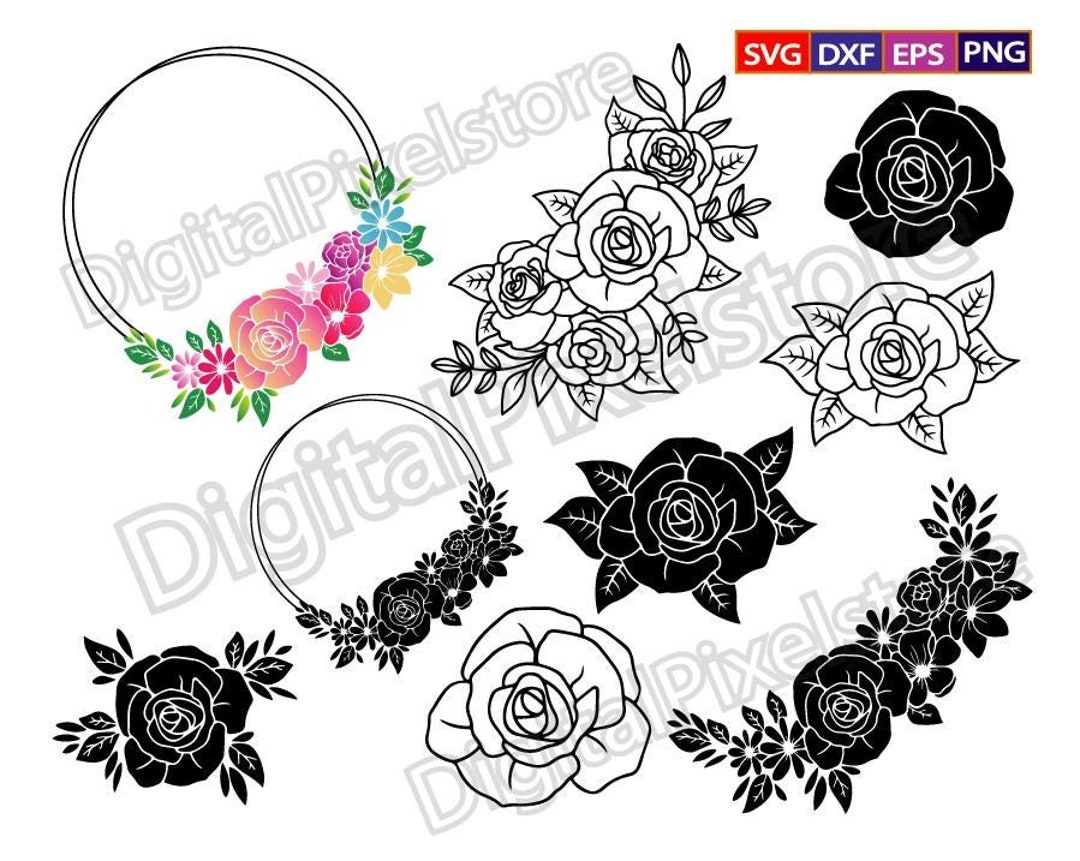 Rose Flower SVG Bundle: Bouquet, Frame, Silhouette, Outline (digital ...