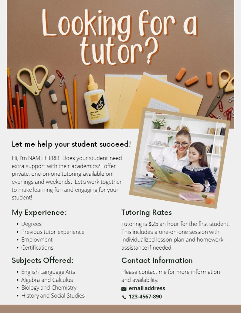 Tutoring Flyer Template | Download and Edit - Etsy