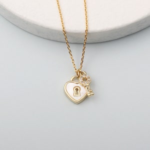 Gold Lock and Key Necklace, Mother of Pearl Heart Lock With Cubic Key ...