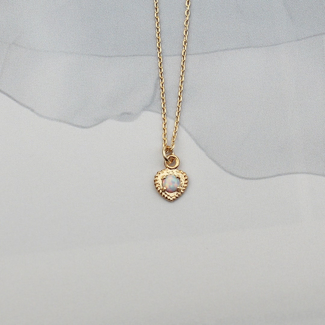 Micro Mini Gold Heart Shaped With Opal Necklace, Tiny Opal Heart ...
