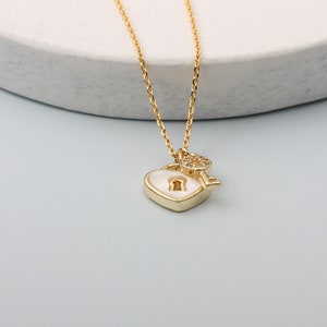Gold Lock and Key Necklace, Mother of Pearl Heart Lock With Cubic Key ...