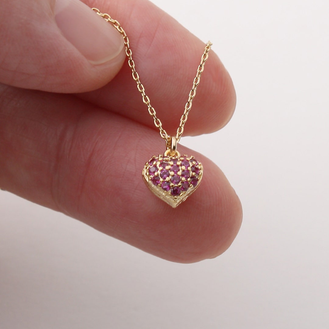 Shiny Pave Diamond Cubic Heart Necklace, Pink Cubic Necklace, Tiny CZ ...