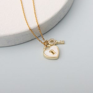 Gold Lock and Key Necklace, Mother of Pearl Heart Lock With Cubic Key ...