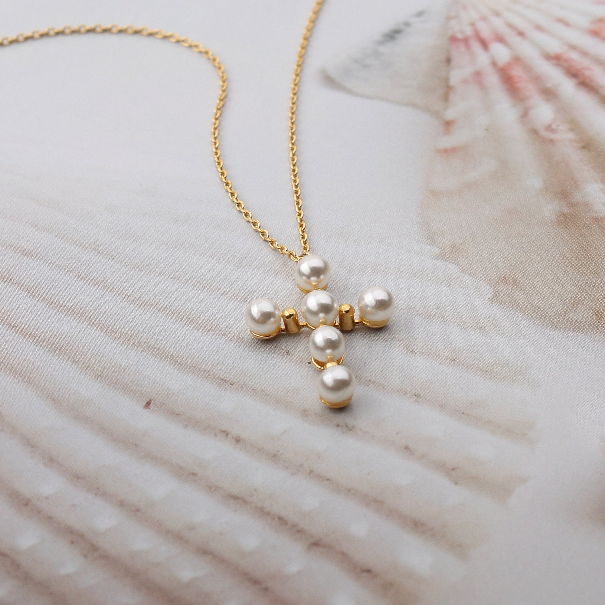 Pearl Necklace, White 6 Simulated Pearls Cross Pendant Necklace, Pearl ...